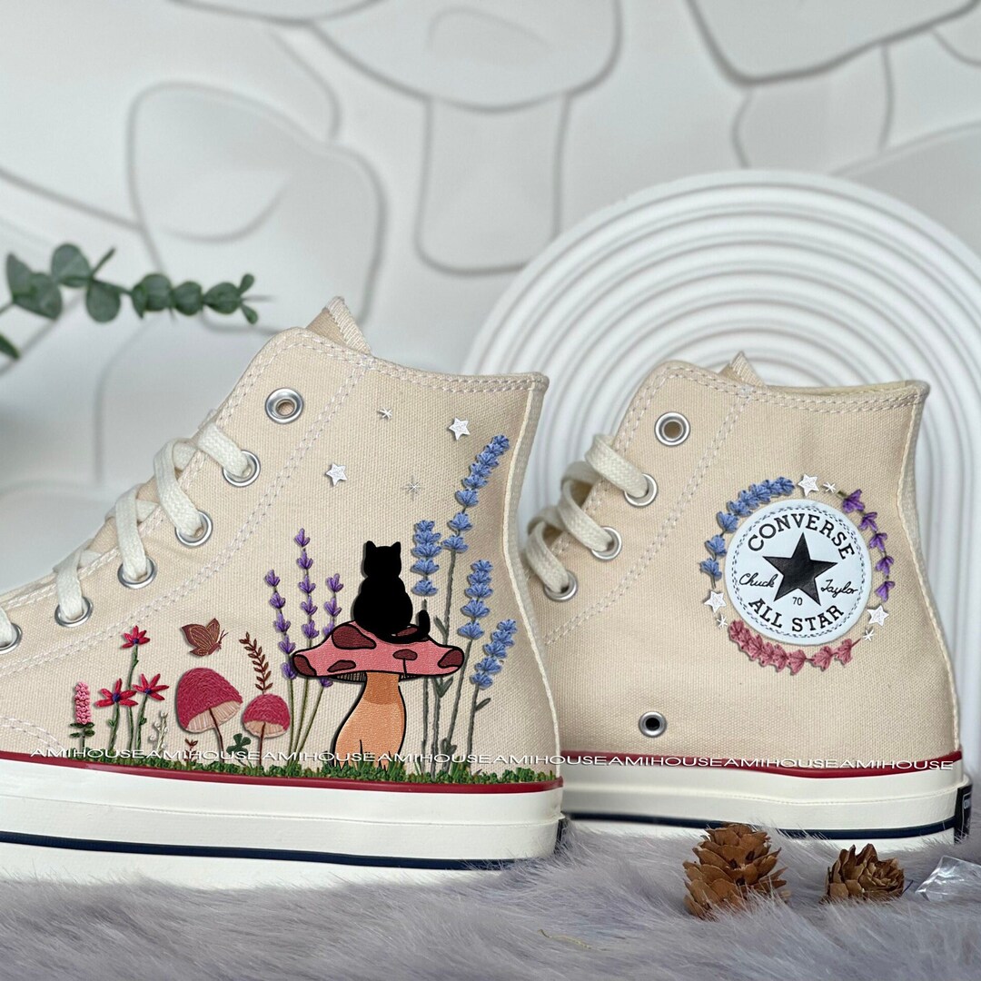 Embroidery Black Cat Converse, Embroidered Mushroom Shoes, Handmade ...