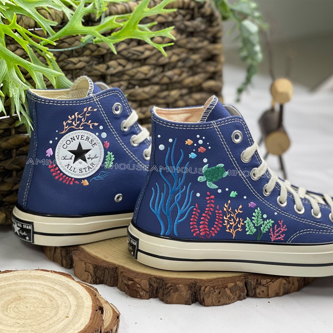 Sea Turtles Embroidered Shoes, Ocean Embroidered Sneakers, Under the ...