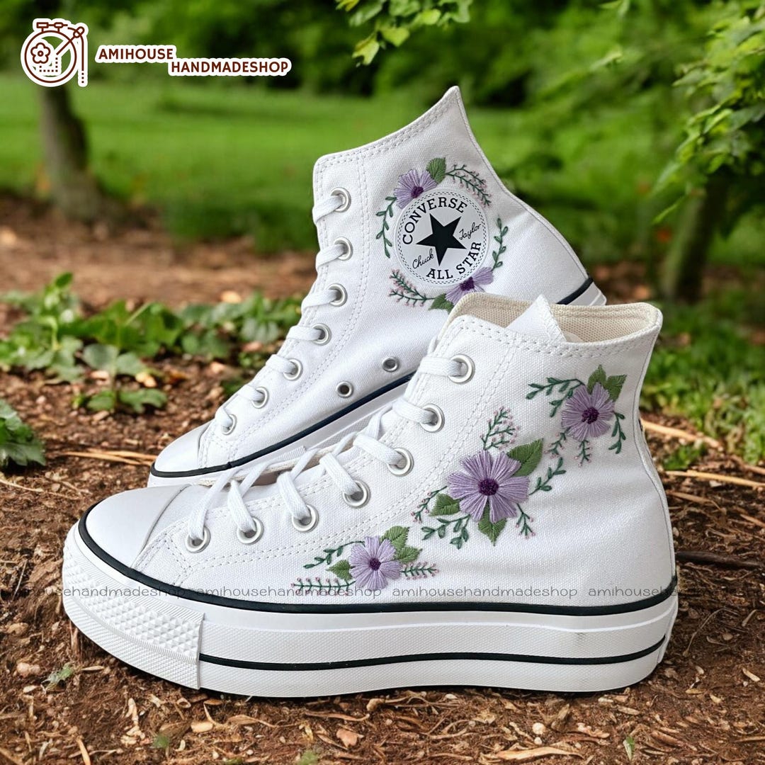 Custom Converse Platform Flowers Embroidery, Bride and Groom Names ...