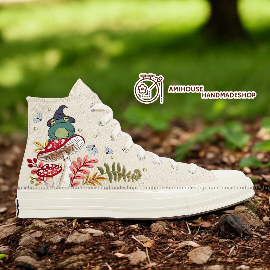 Custom Hand Embroidery Witchy Frog and Mushroom Converse All Cream ...