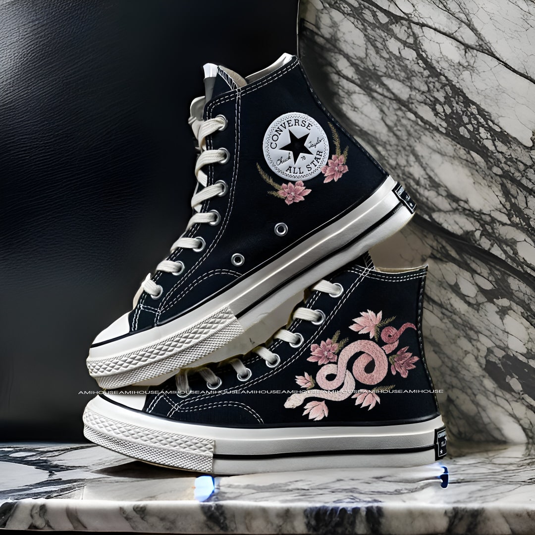 Embroidery Snake Converse, Fall Vibes Design Sneaker, Autumn Flowers ...