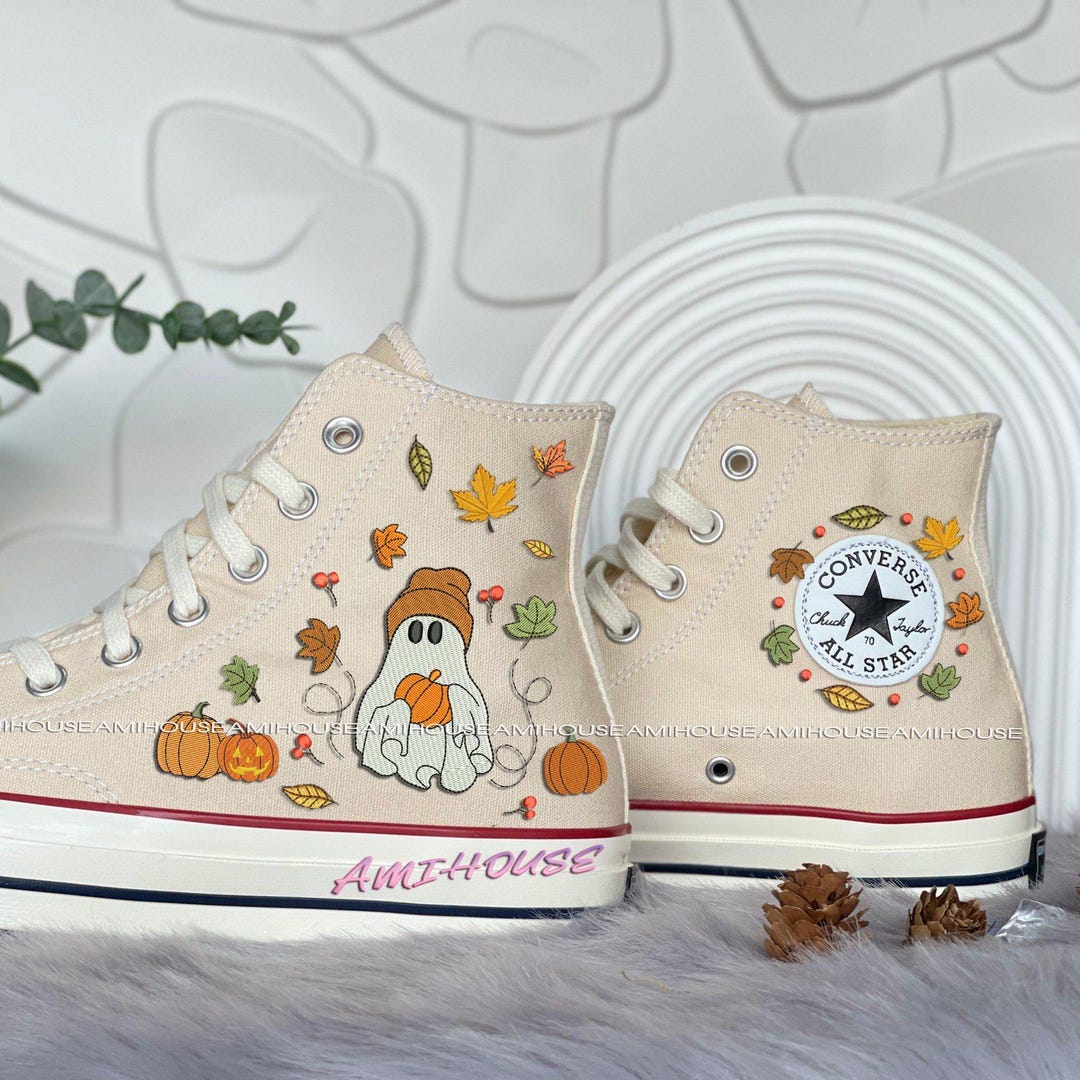 Embroidered Cute Ghost Converse, Pumpkin Embroidery, Cute Ghost Design ...