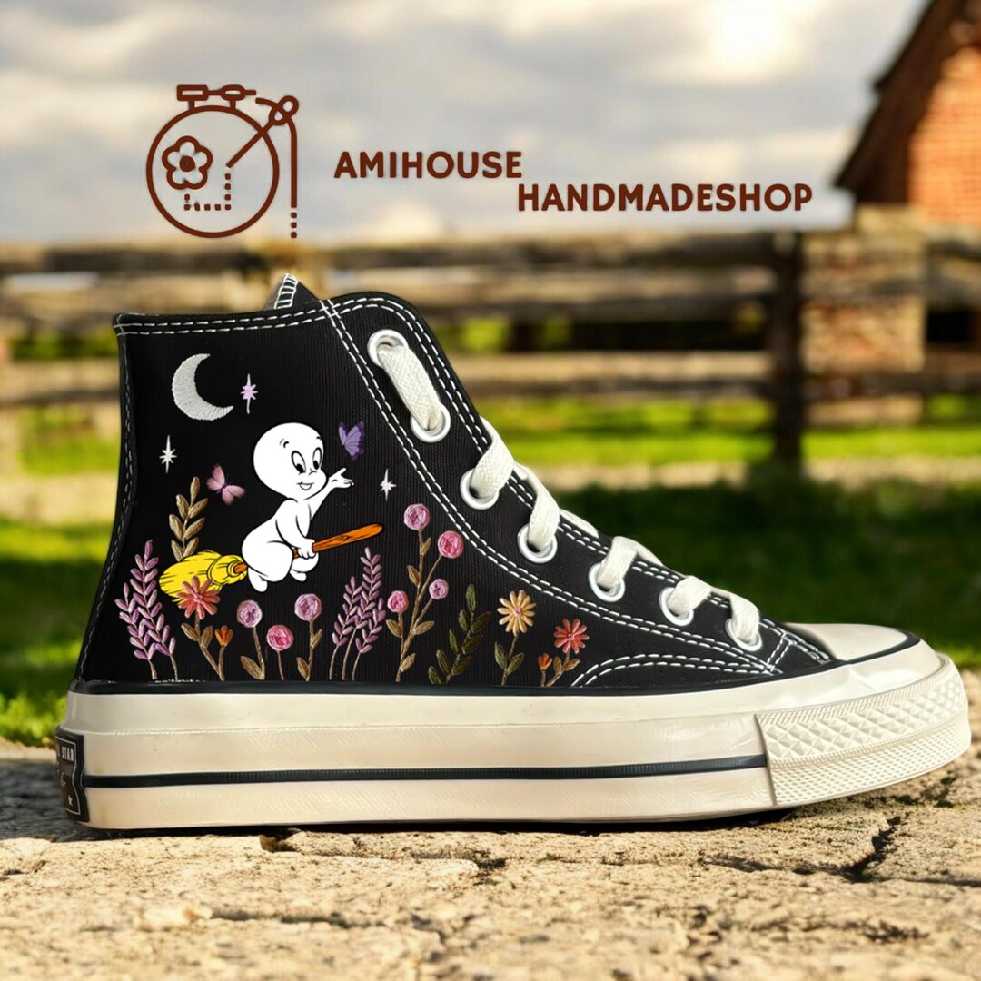 Custom Cas.per Hand Embroiderd Converse, Cute Ghost Flowers Embroidery ...
