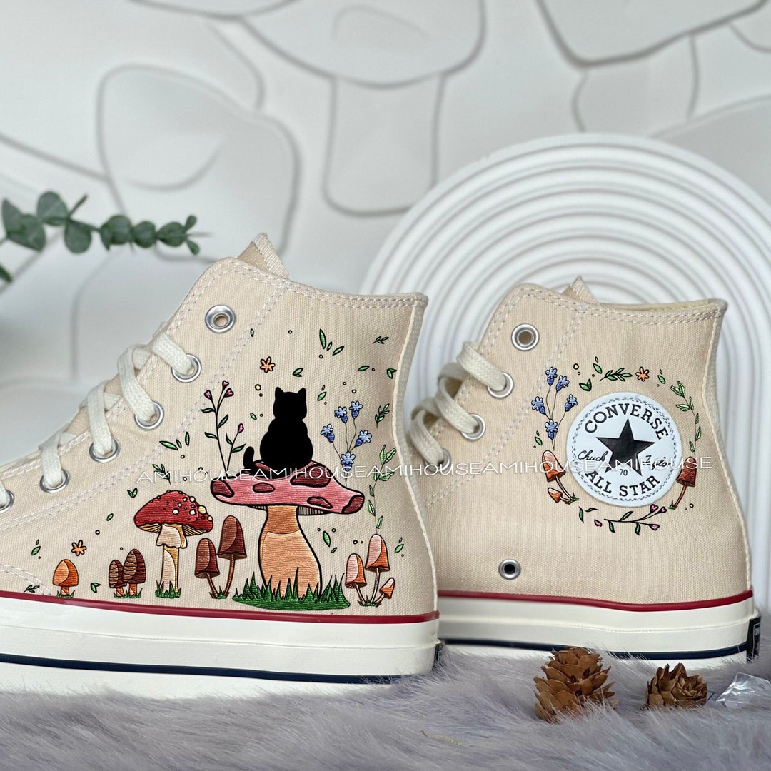 Embroidery Black Cat Converse, Embroidered Mushroom Shoes, Handmade ...