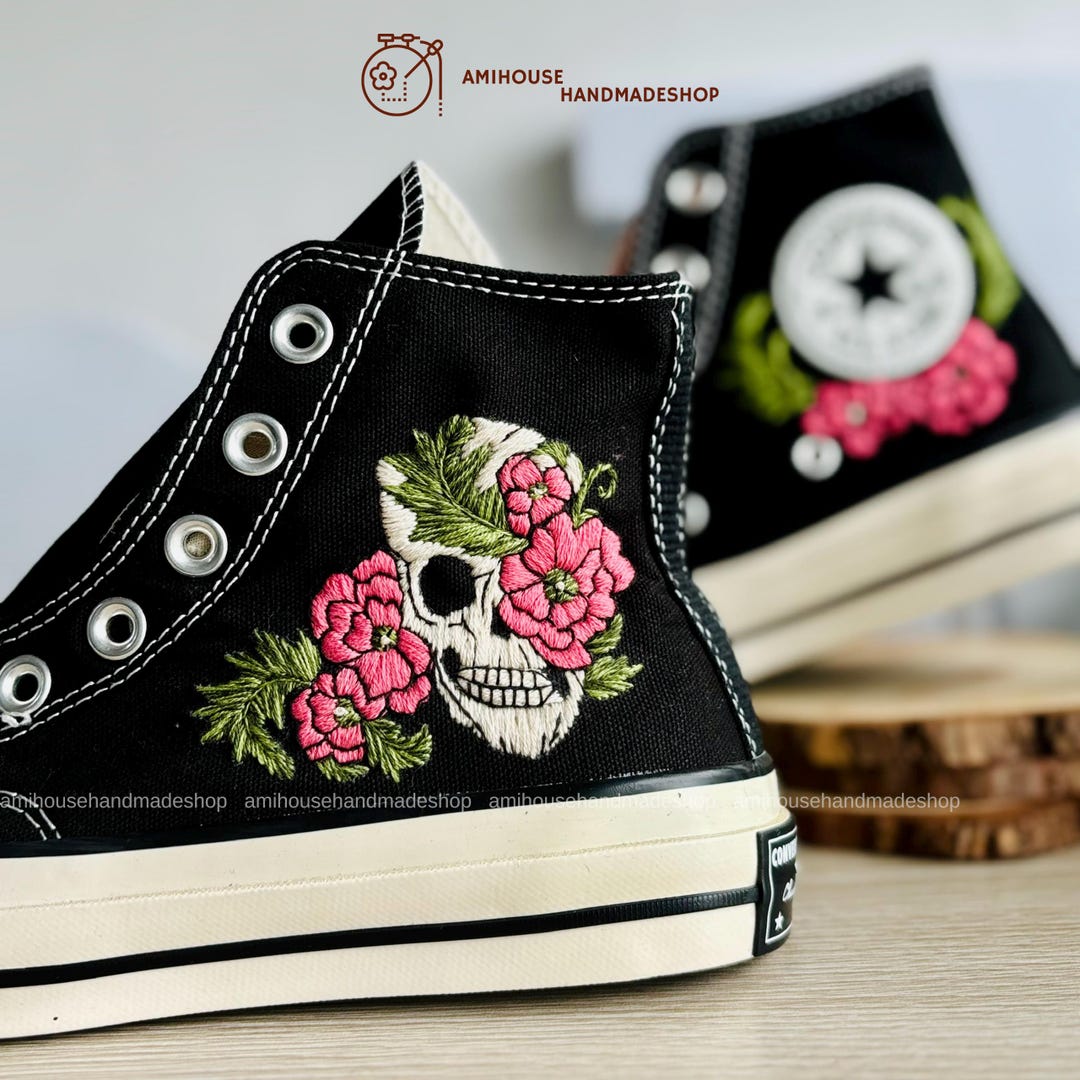 Skull and Roses Embroidery Converse, Custom Gothic Hand Embroidery ...