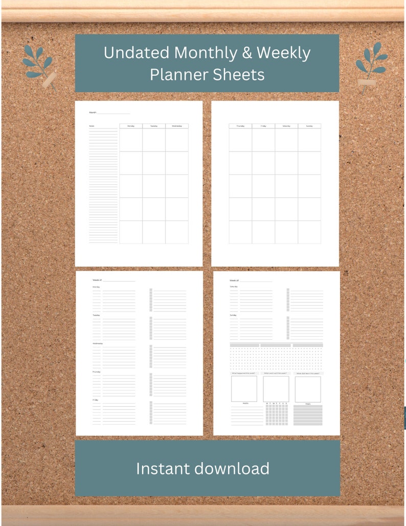 Undated Monthly & Weekly View Printable Planner Sheets - Etsy