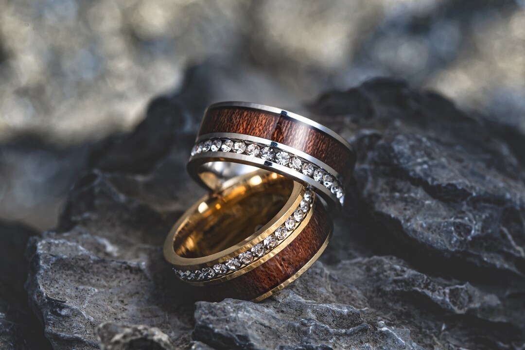 24K Yellow Gold Tungsten Ring With Diamond, Diamond Band With Wood, KOA ...
