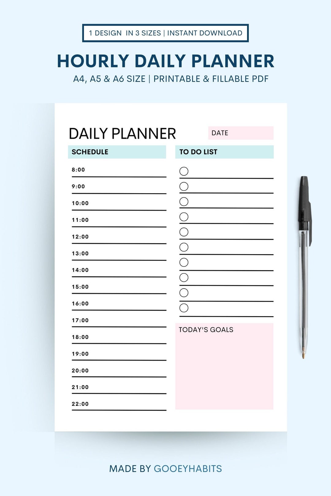 24 Hour Daily Planner Printable, Daily to Do List for Work / Personal ...