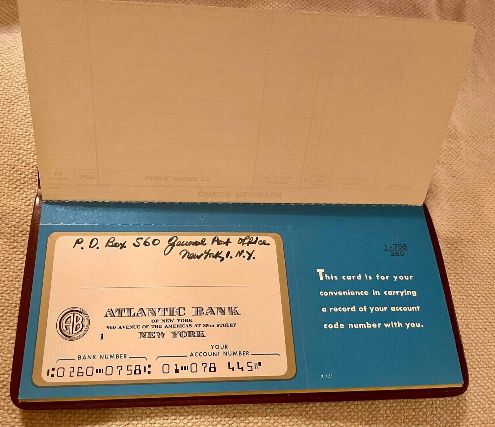 ATLANTIC Bank of NEW YORK Checkbook of 23 & 6 Unused Cheques - Etsy