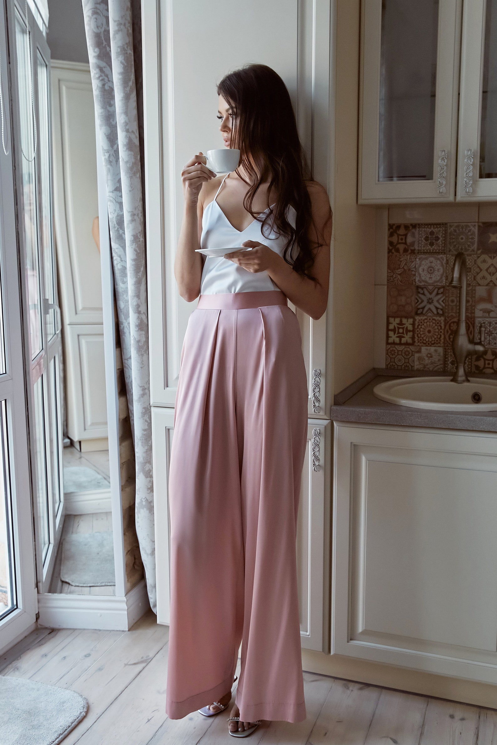 Dusty-rose Natural Silk Wide Leg Pants / High-waisted Silk - Etsy
