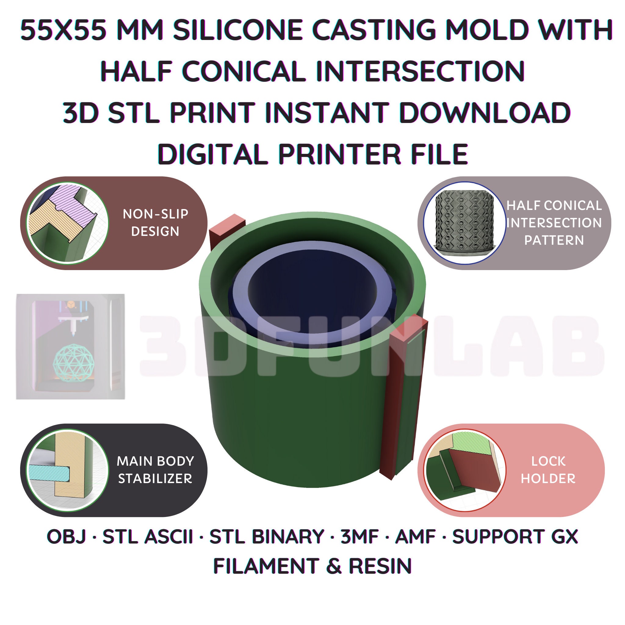 NO.2 55x55, Silicone Casting Mold With Half Conical Intersection, Digital Stl Printer File for ...