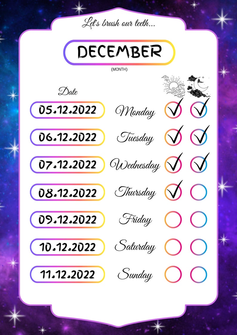 Printable Galaxy Tooth Brushing Tracker Chart for Boys and Girls (4 ...