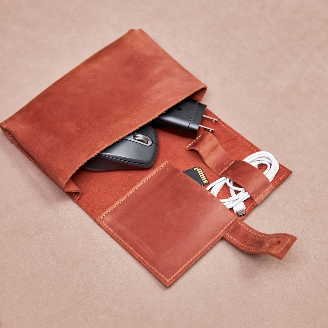 Personalized Leather Cable Organizer, Travel Cord Case, Tech Accessory ...