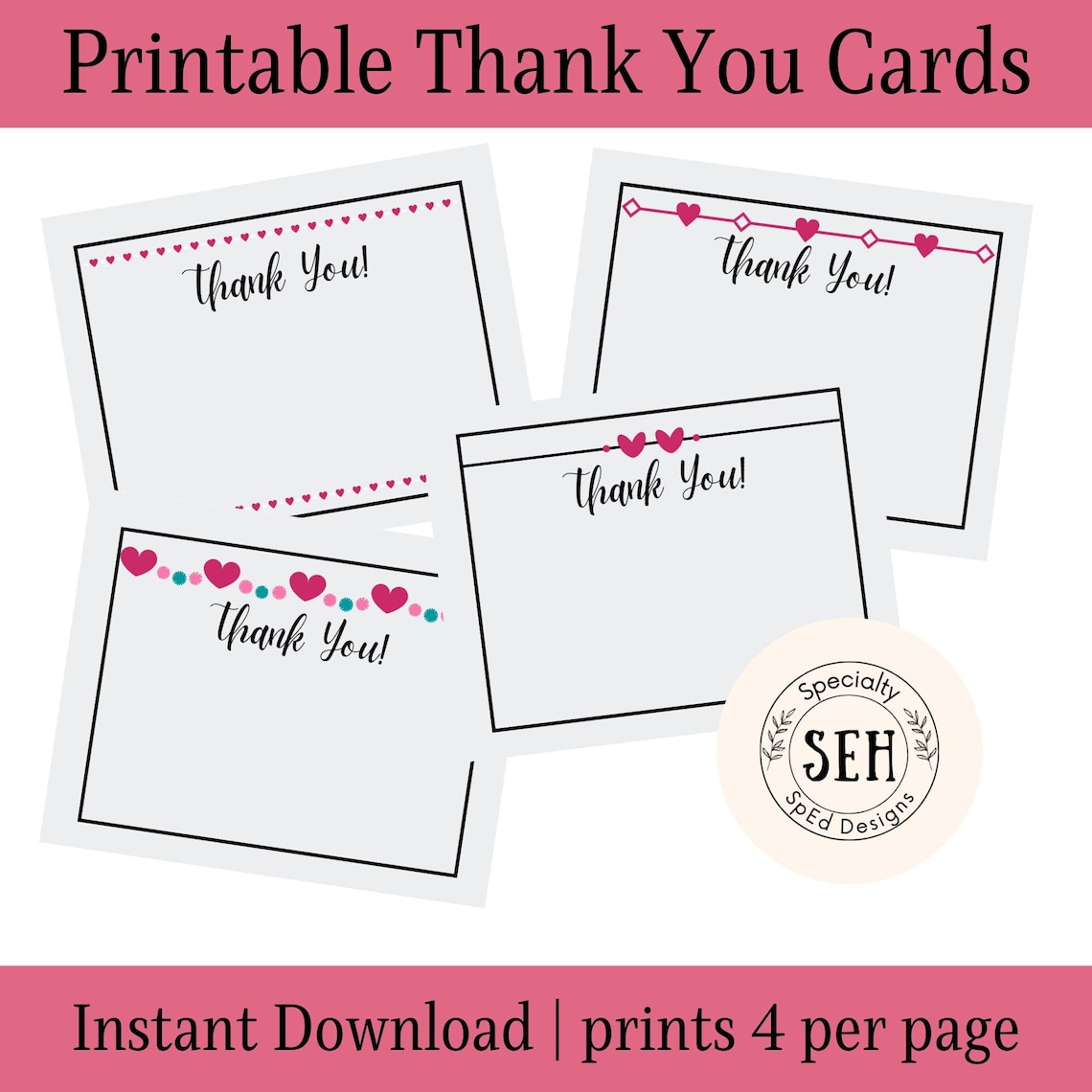 Printable Heart Themed Thank You Cards | Perfect for Valentine's Day ...