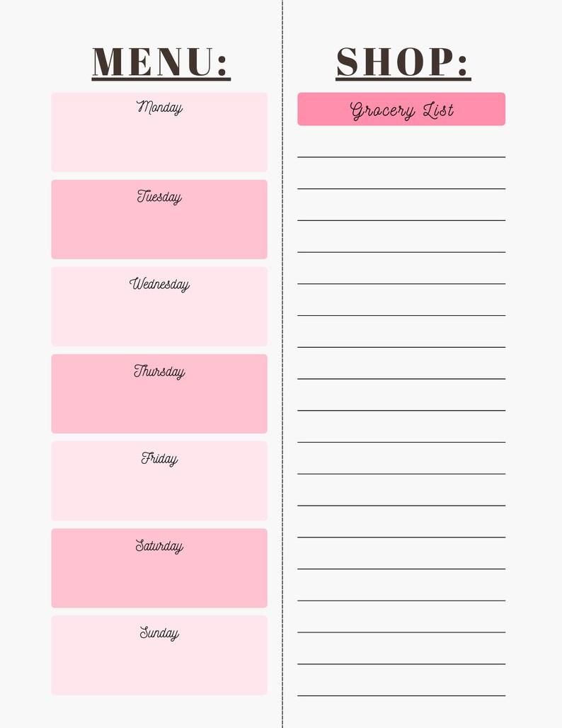 Weekly Meal Planning Printable It's All Pink to Me Style - Etsy