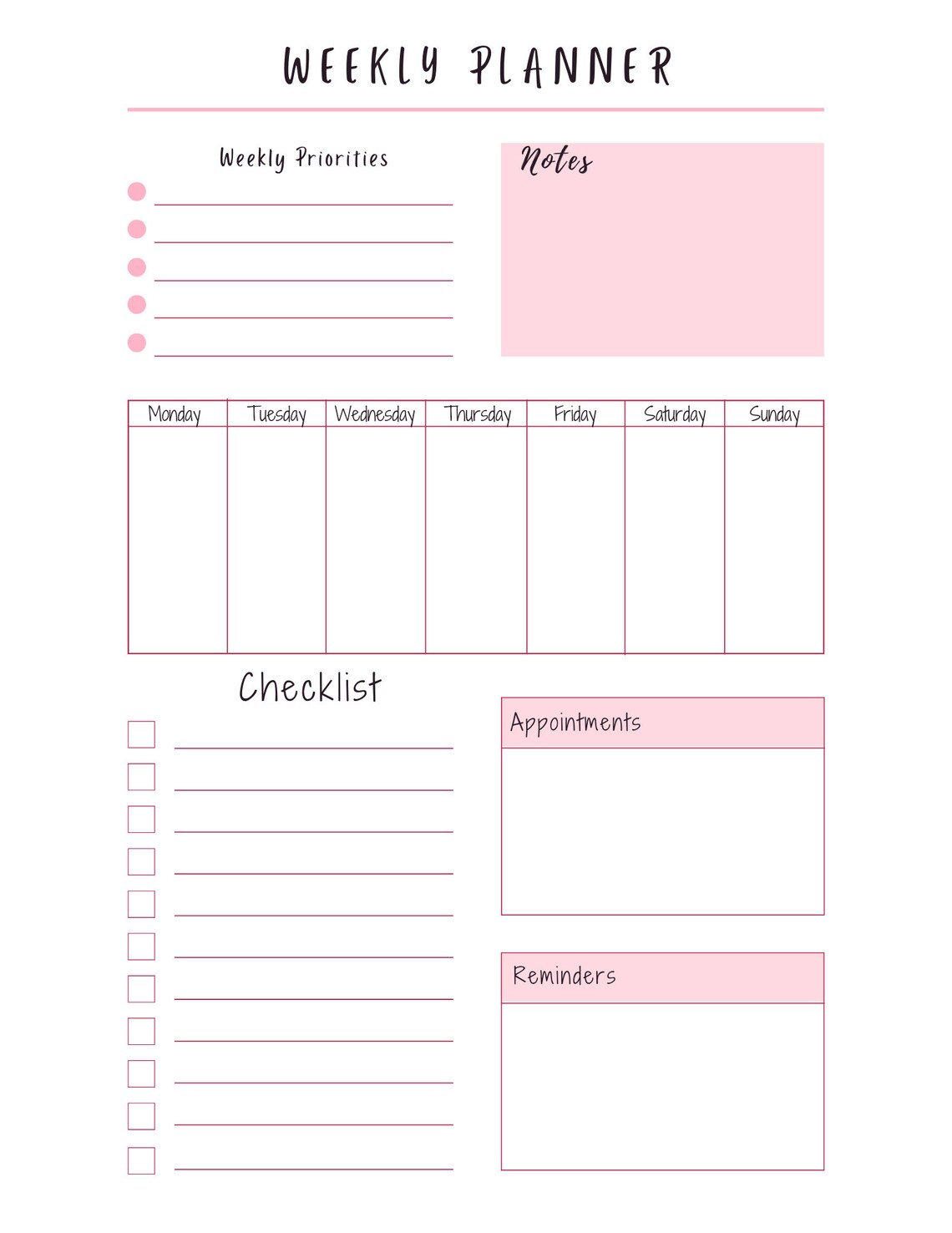 Pink Weekly Planner Bundle | Printable Planner | Digital Download | 6 Designs Included | PDF ...