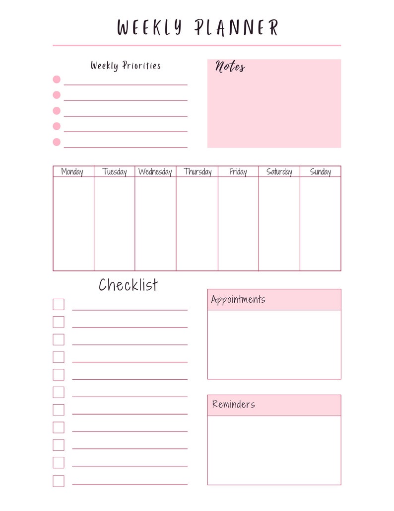 Pink Weekly Planner Bundle | Printable Planner | Digital Download | 6 ...