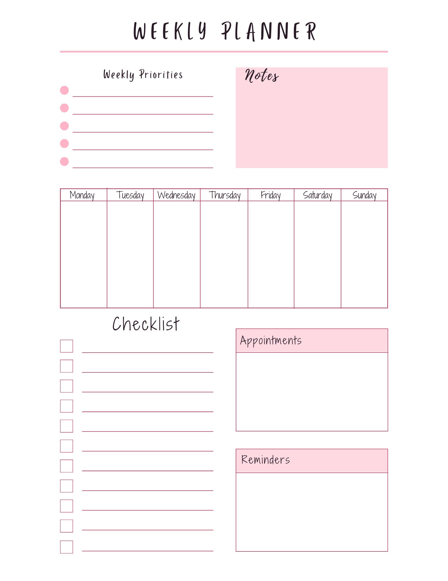 Pink Weekly Planner Bundle | Printable Planner | Digital Download | 6 ...