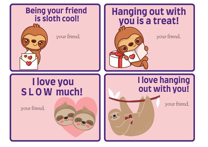 Printable Classroom Valentine's Cards for Class With Owls and Sloths on ...