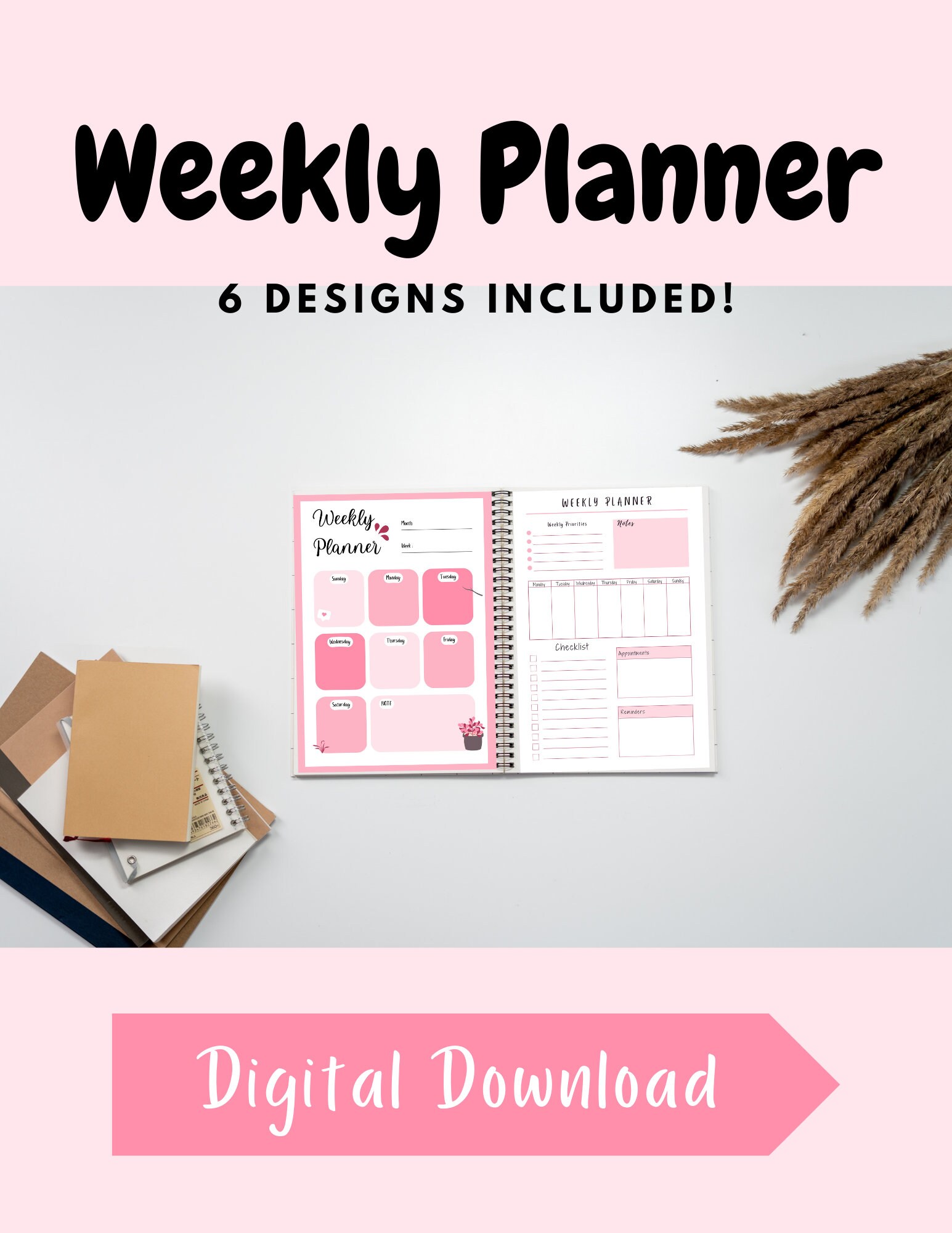 Pink Weekly Planner Bundle | Printable Planner | Digital Download | 6 ...
