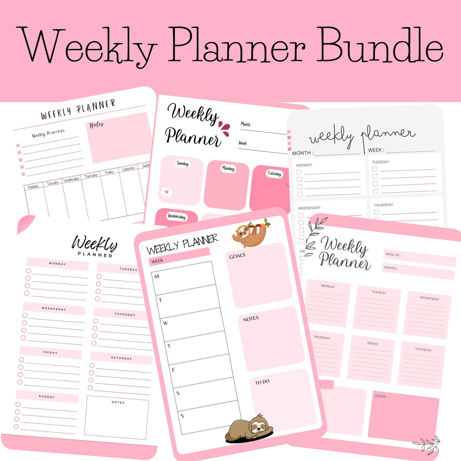 Pink Weekly Planner Bundle | Printable Planner | Digital Download | 6 ...