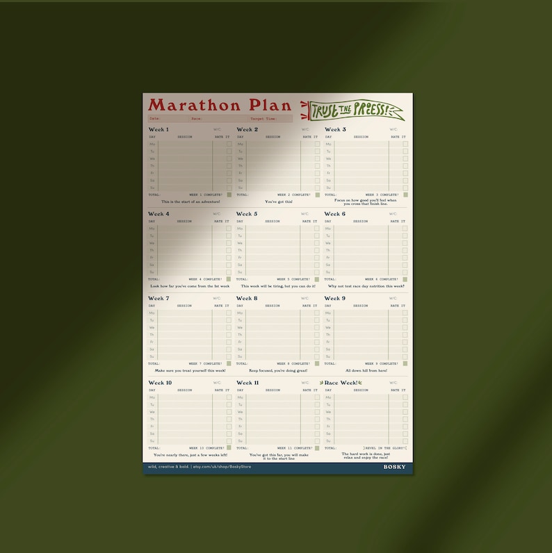 Bosky A3 12 Week Marathon Planner, Running Schedule, Race Calendar ...
