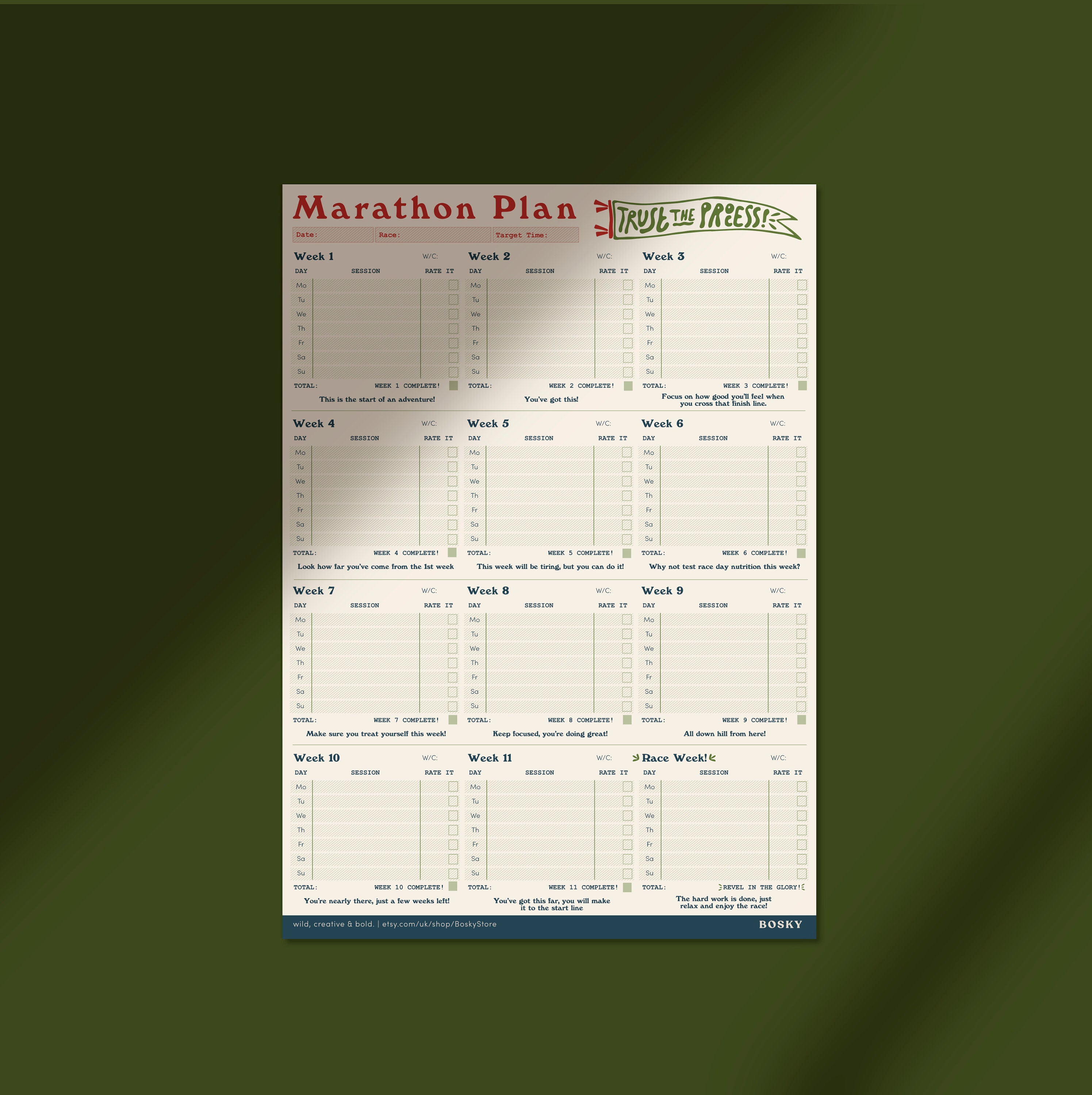 Bosky A3 12 Week Marathon Planner, Running Schedule, Race Calendar ...