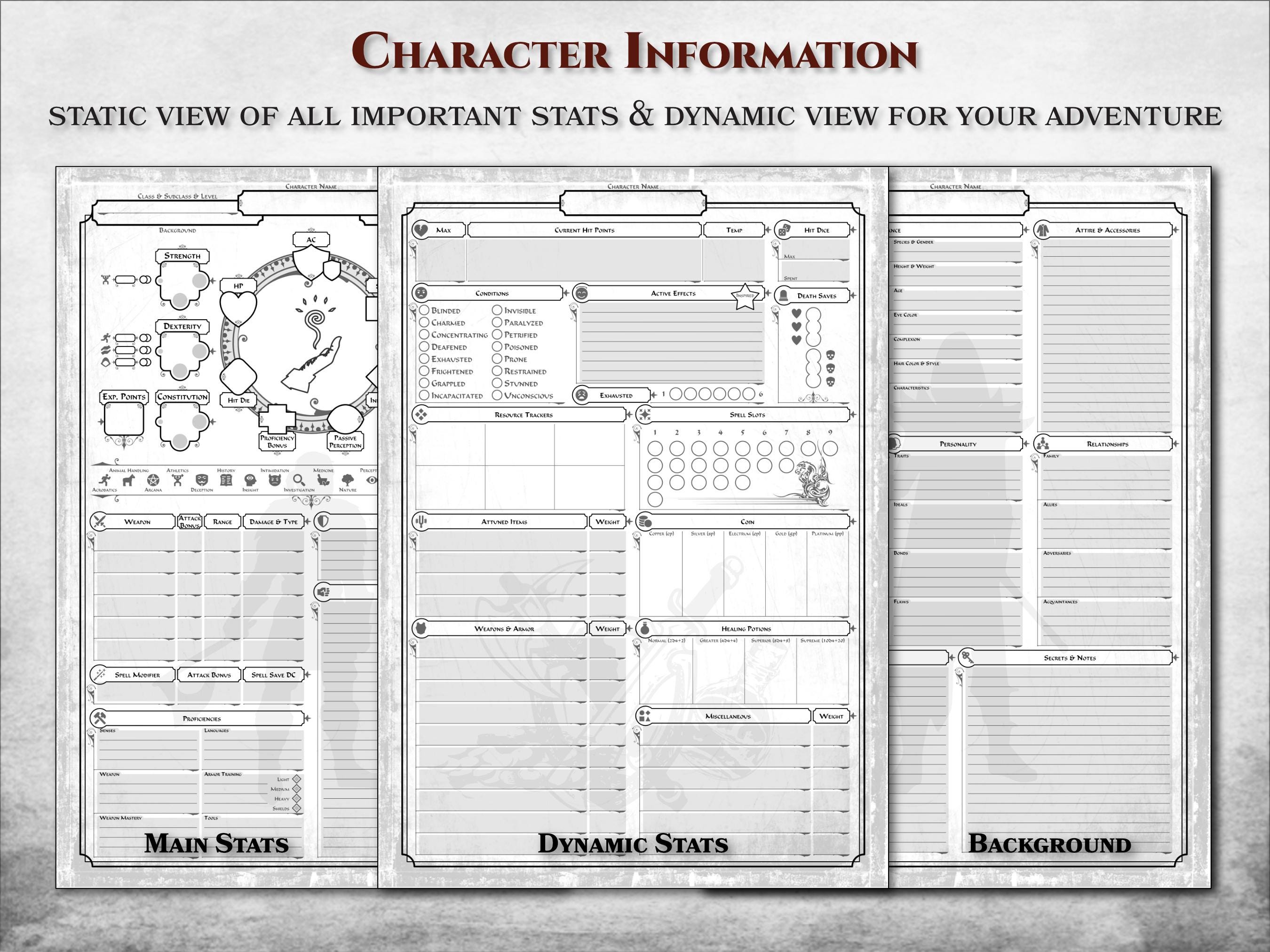 Dnd 2024 Character Sheet PDF Fillable Class Background Template Spell List Inventory Editable ...