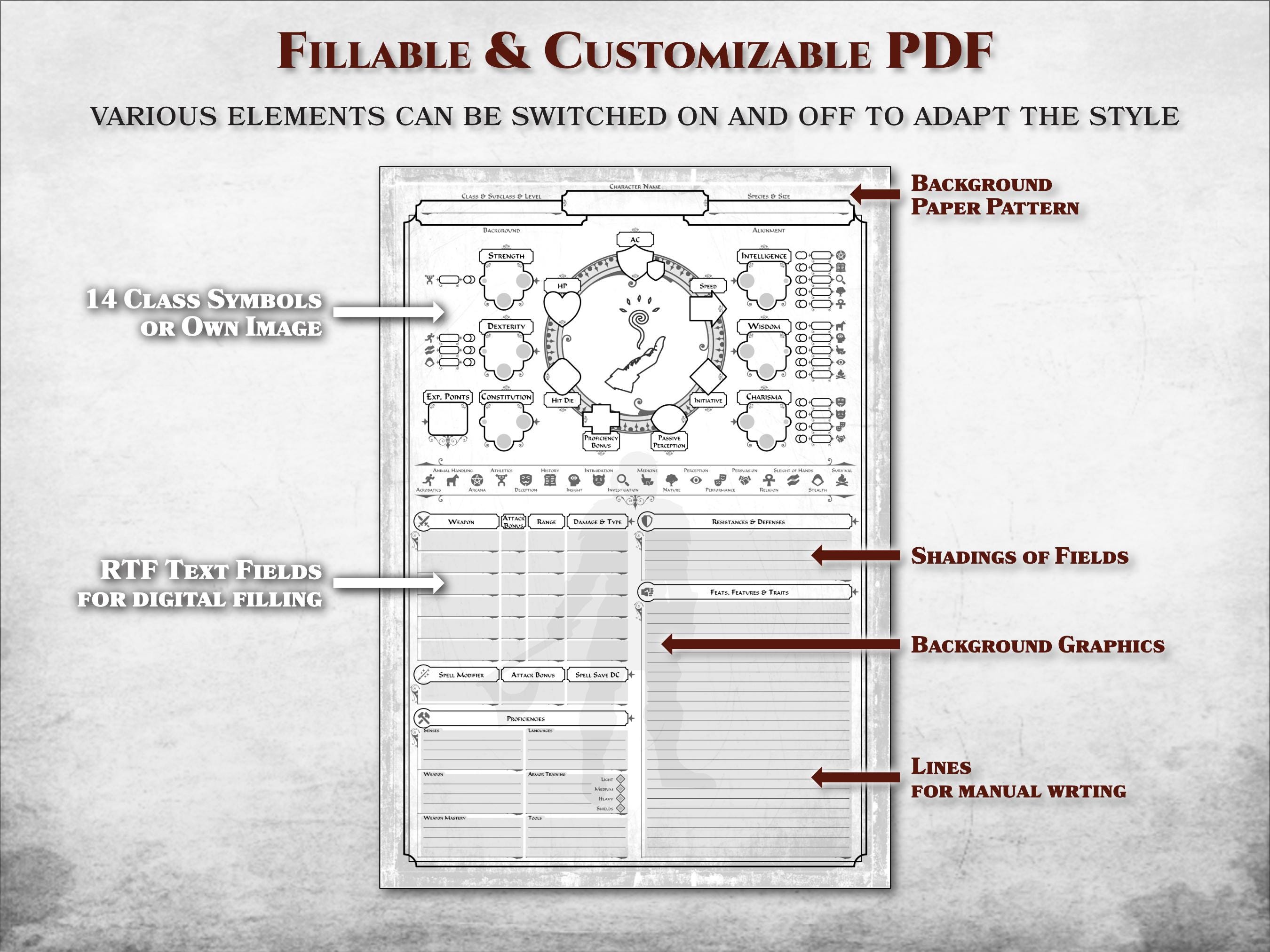 Dnd 2024 Character Sheet PDF Fillable Class Background Template Spell List Inventory Editable ...