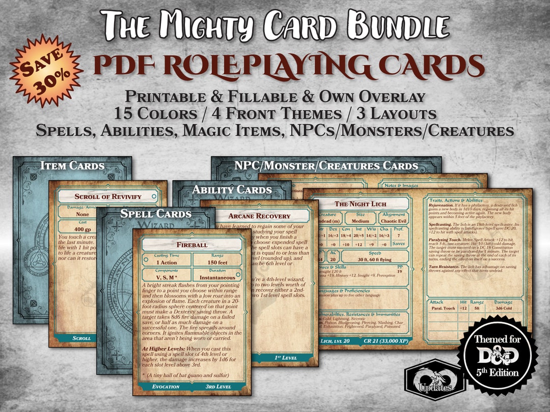 Dnd Card Bundle PDF Fillable Spell Item Ability NPC Monster Creature ...