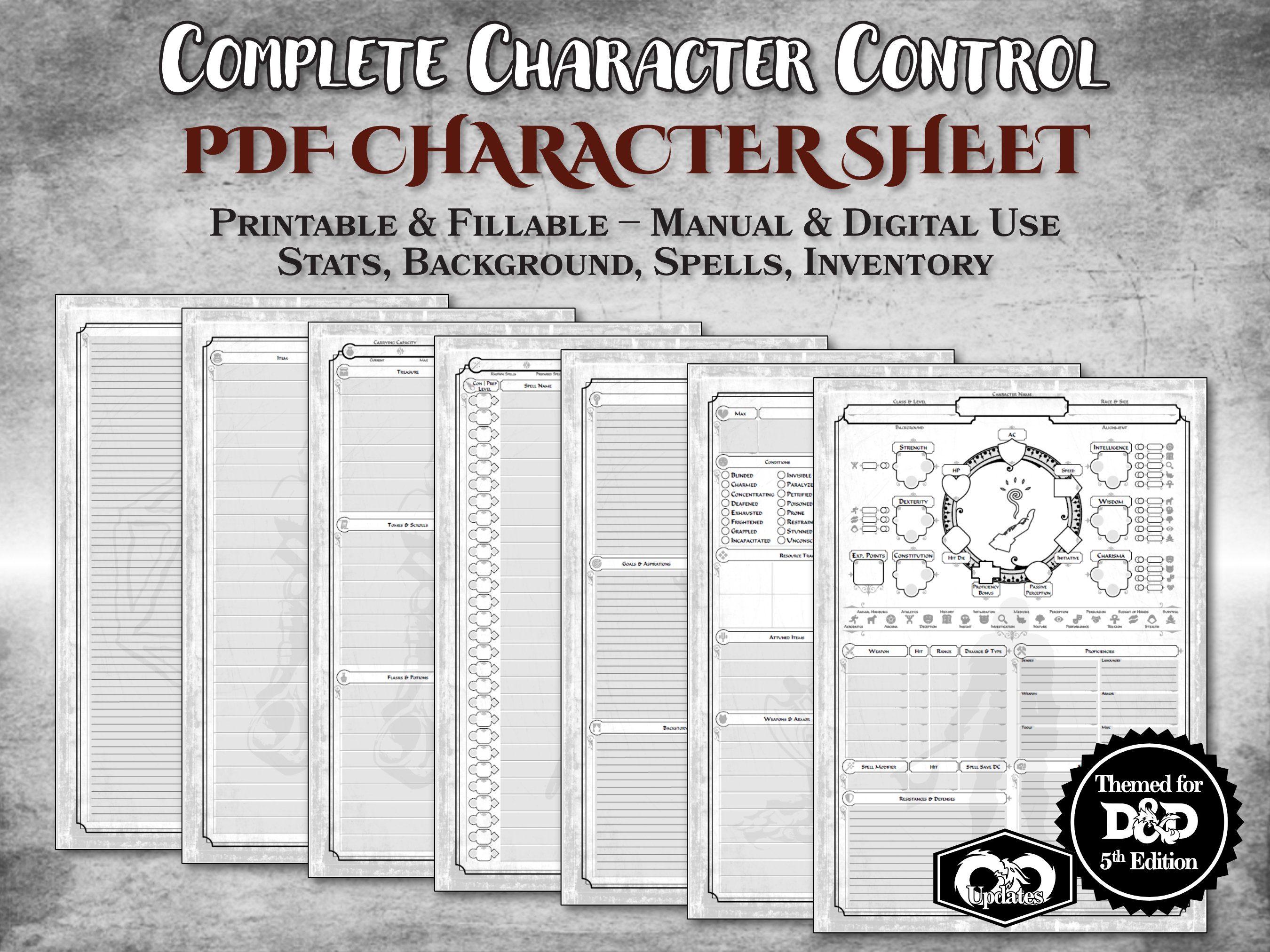 Dnd Character Sheet PDF Fillable Class Background Template Spell List ...