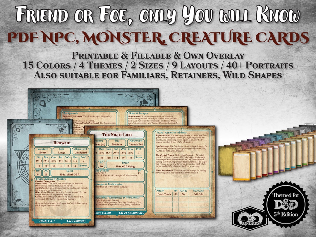 Dnd NPC Cards Monster Cards Creature Cards PDF Fillable Customizable Printable Accessory Dungeon ...