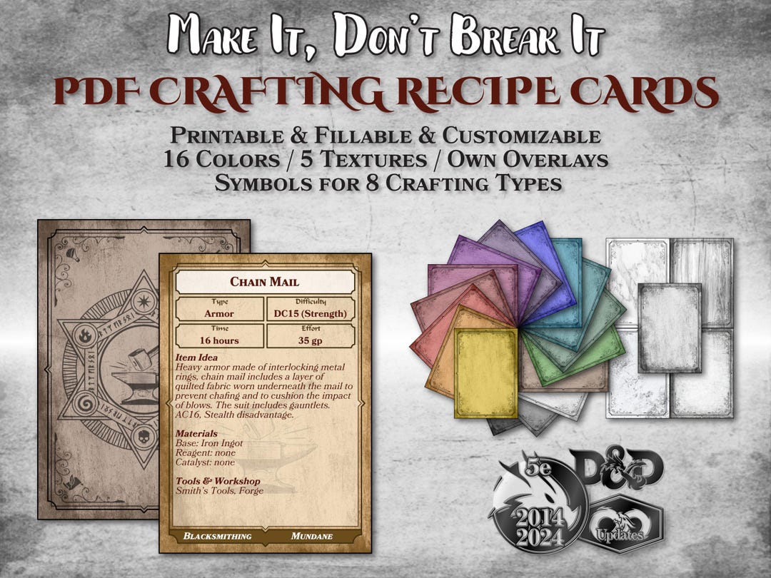Dnd Crafting Recipe Cards PDF Fillable Customizable Printable Accessory ...