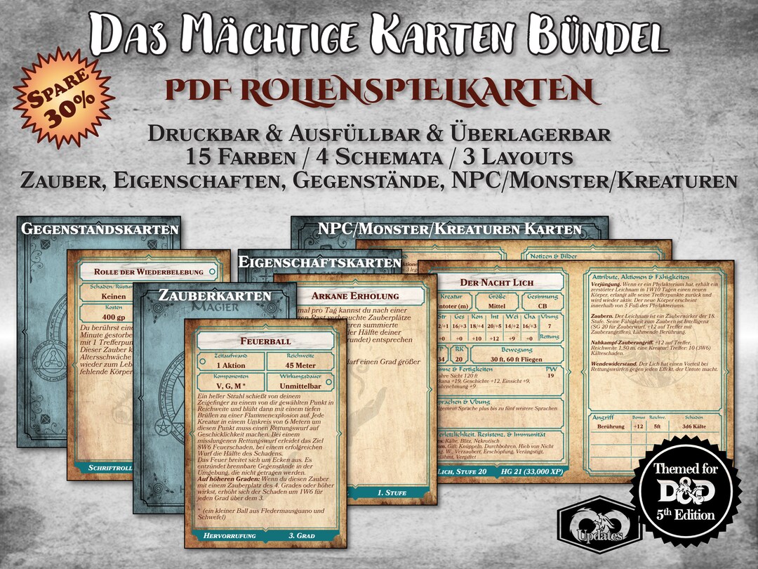 DnD Karten Bündel PDF ausfüllbar Zauber Eigenschaften Gegenstände NPC Monster anpassbar druckbar ...