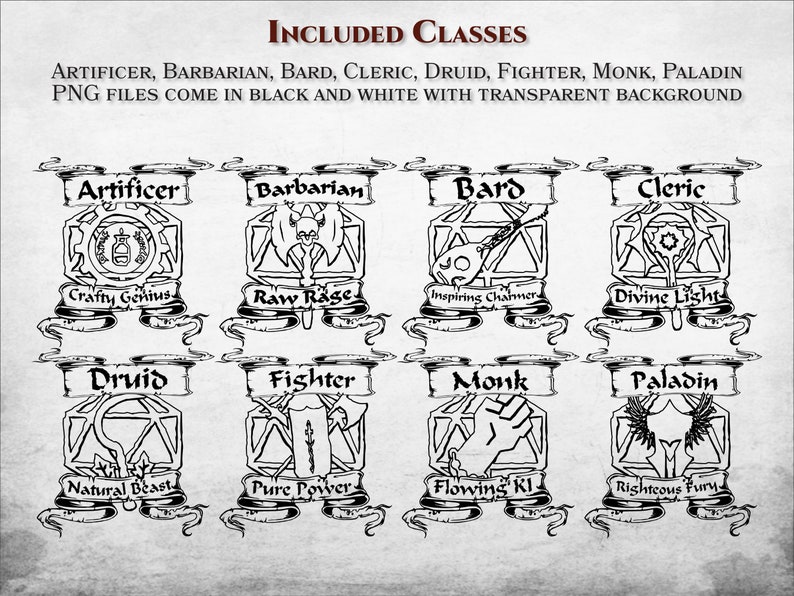 Dnd Class Emblems Svg Png Every Class Icon Incl Artificer Graphic Hand Drawn Print Accessory