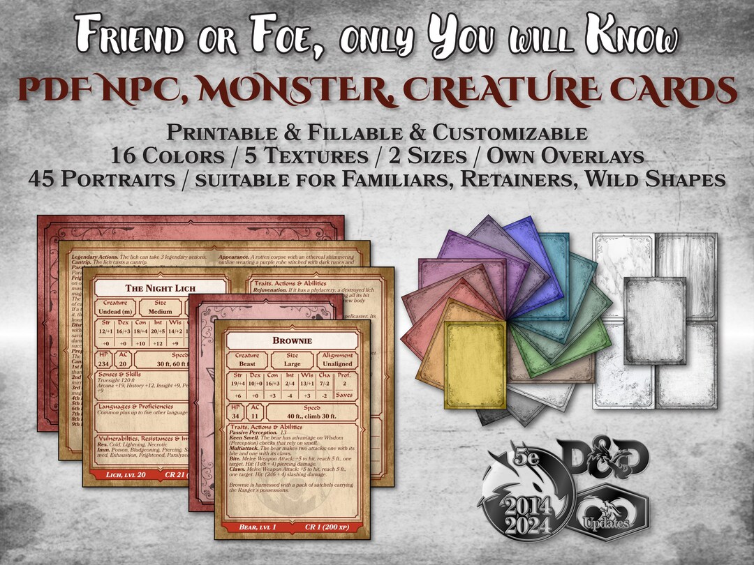 Dnd NPC Cards Monster Cards Creature Cards PDF Fillable Customizable ...
