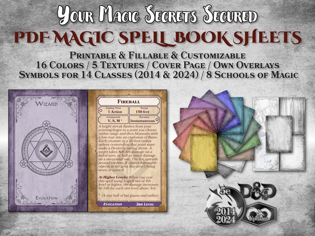 Dnd Spell Book Pages Sheets PDF Fillable for Every Class Customizable ...