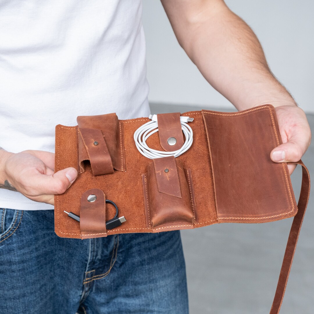 Leather Charger Roll Up, Travel Charger Organizer, Leather Cable ...