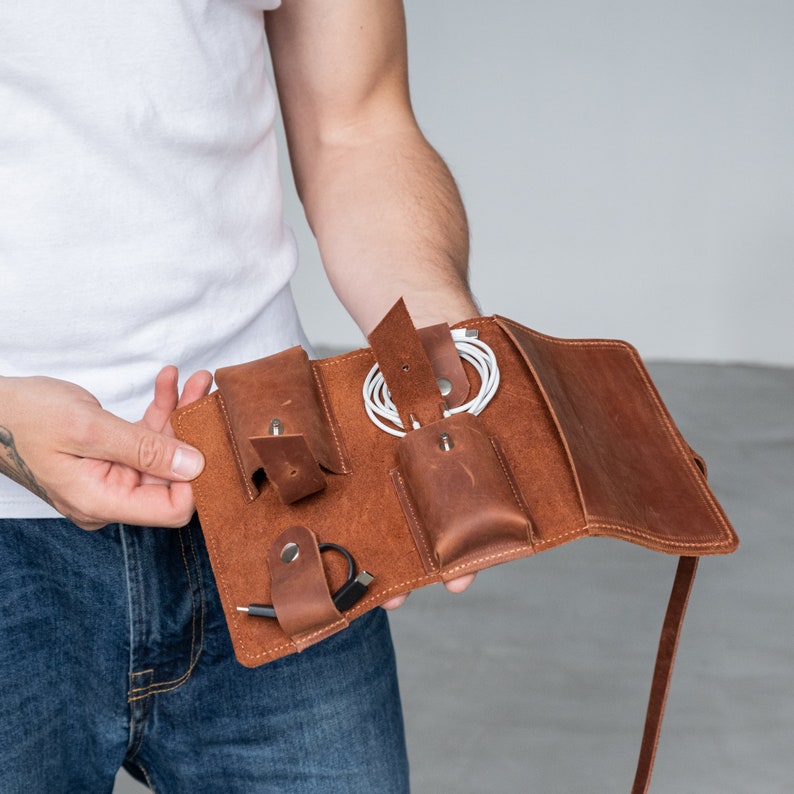 Leather Charger Roll Up, Travel Charger Organizer, Leather Cable ...