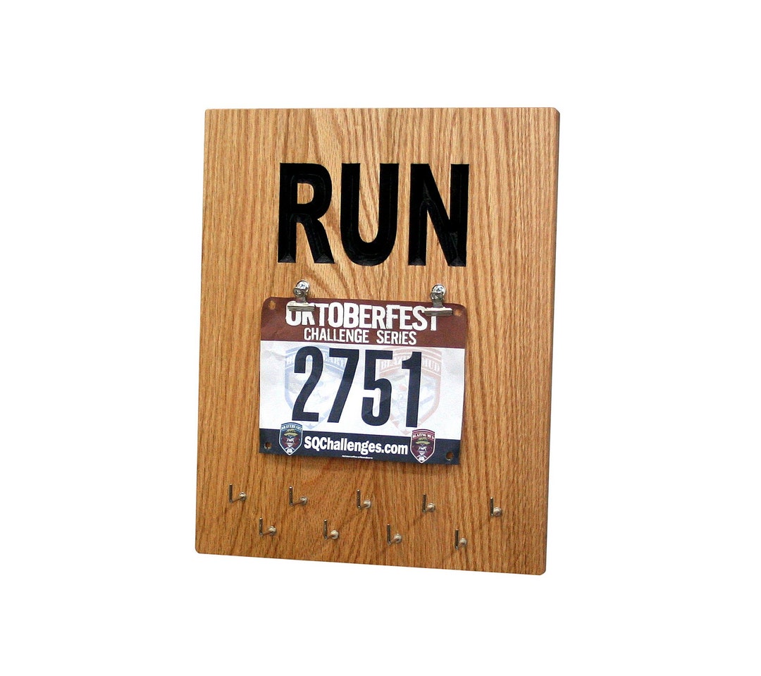 Solid Hardwood Running Medal & Bib Holder | Carved Marathon Display ...