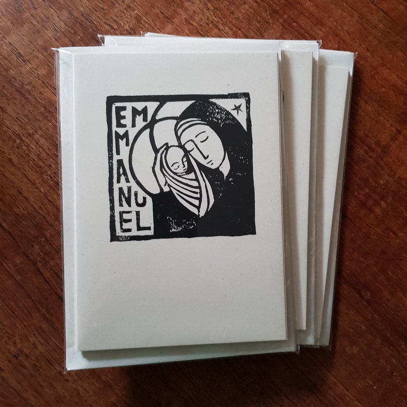 4x Hand Printed Christmas Cards. Nativity Mary and Jesus Christian Icon ...