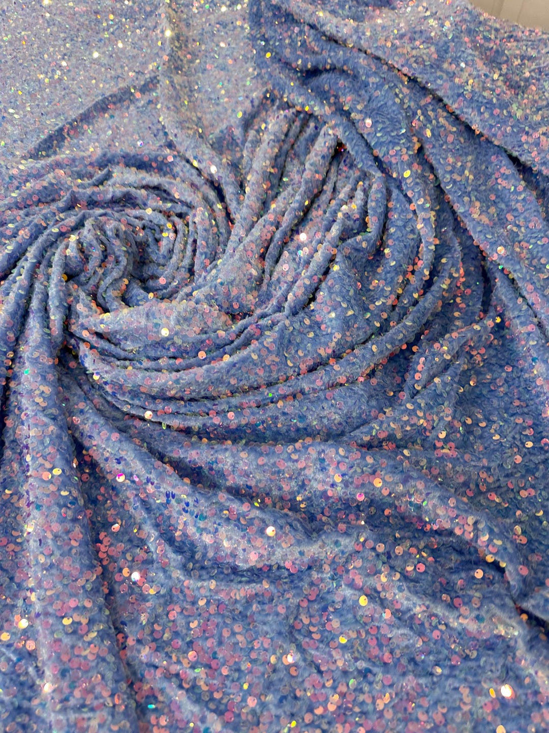 Baby BLUE Iridescent Sequins on Stretchy Blue Velvet Fabric - Etsy