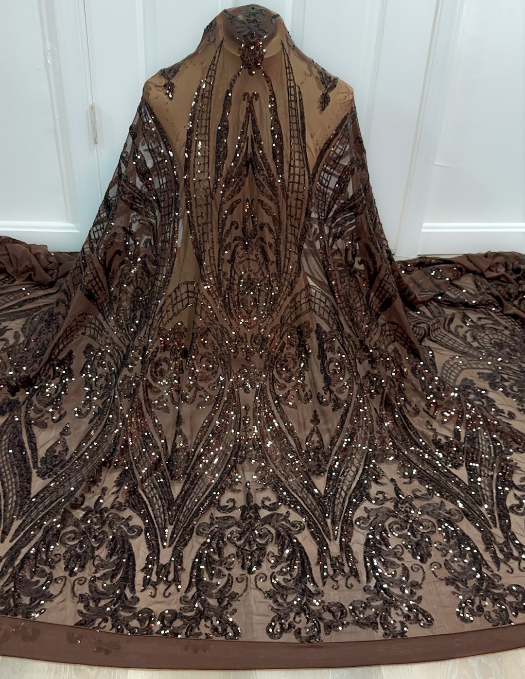 BROWN 4 Way Stretch Sequin Lace Fabric - Etsy