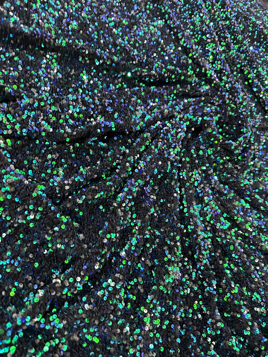 BLACK Iridescent Sequins on Stretchy Black Velvet Fabric - Etsy