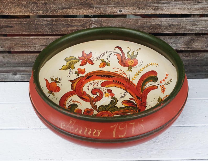 Norwegian Large Handcrafted Wood Ale Bowl 1970s Folk Art Rosemaling ...