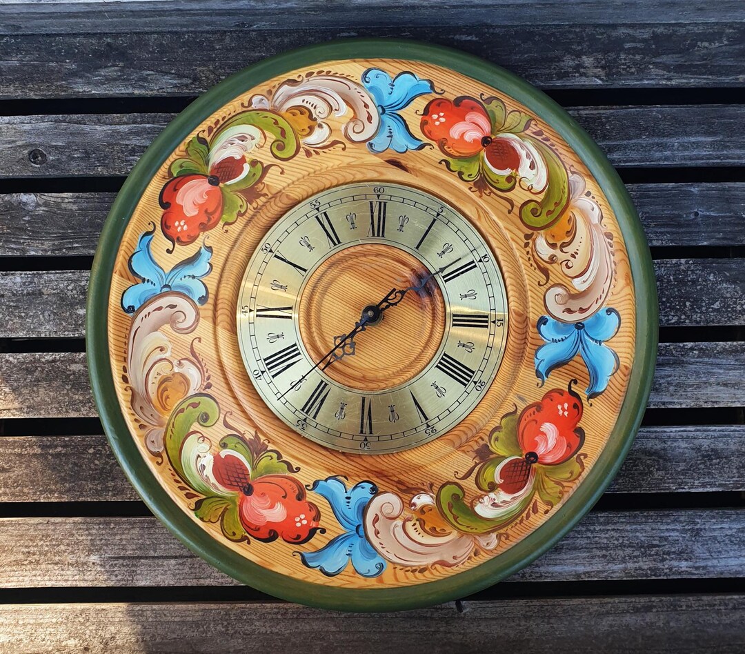 Norwegian Handcrafted Wood Wall Clock Scandinavian Vintage Nordic Folk ...
