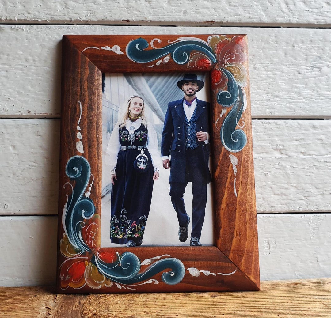 Norwegian Handpainted Wooden Blue Frame Folk Decor Rosemaling ...