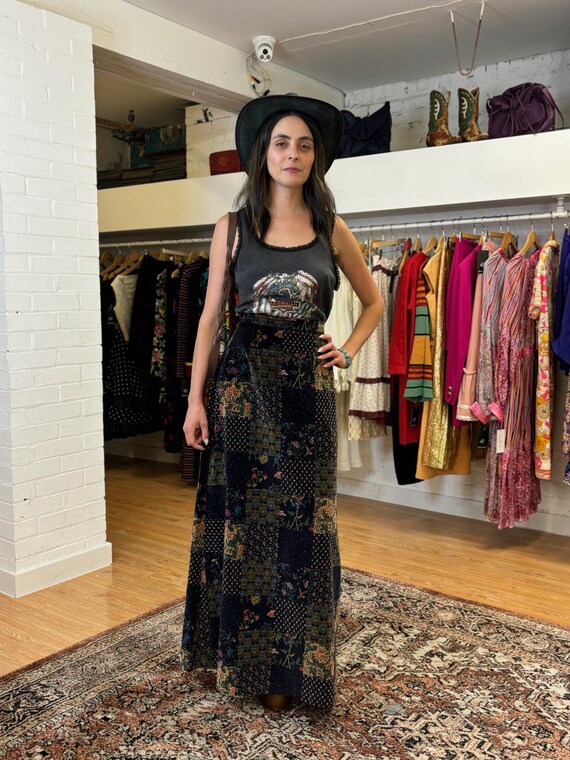 1970s Vintage Velvet Patchwork Pattern Maxi Skirt - Gem