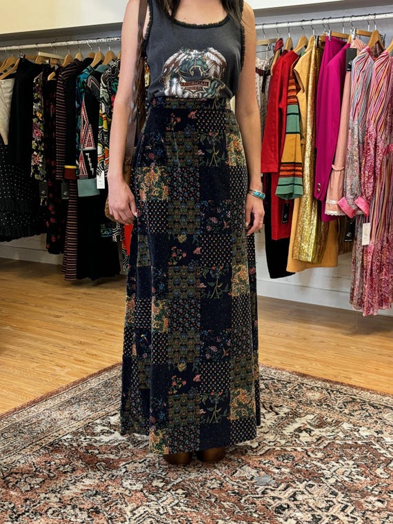 1970s Vintage Velvet Patchwork Pattern Maxi Skirt - Gem