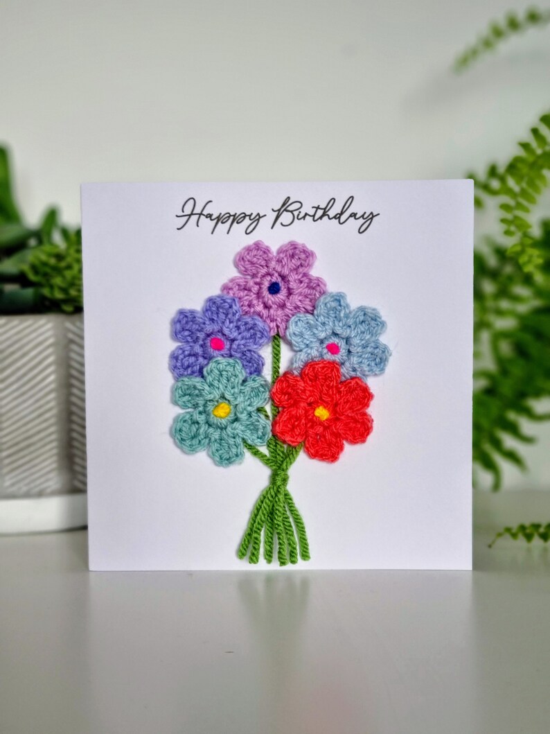 Bunch of Flowers 'happy Birthday' Crochet Card, Handmade Vintage Purple ...